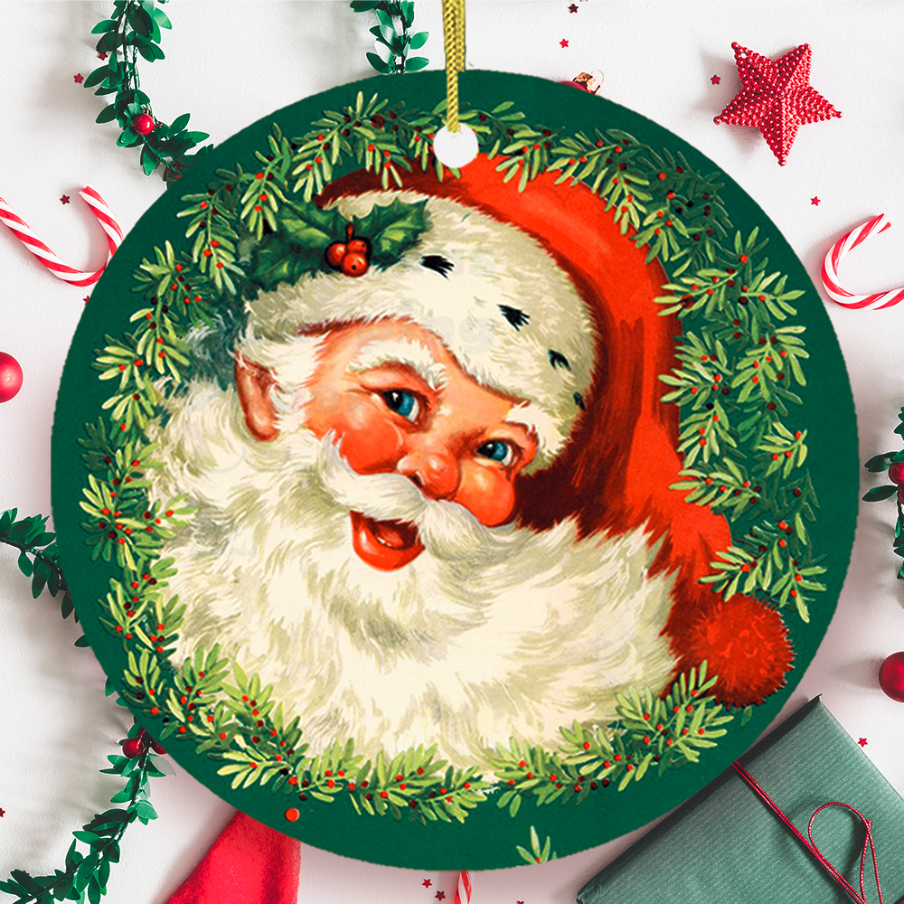 Victorian Santa Round Christmas Ornament (Version 2 / Green Background ...