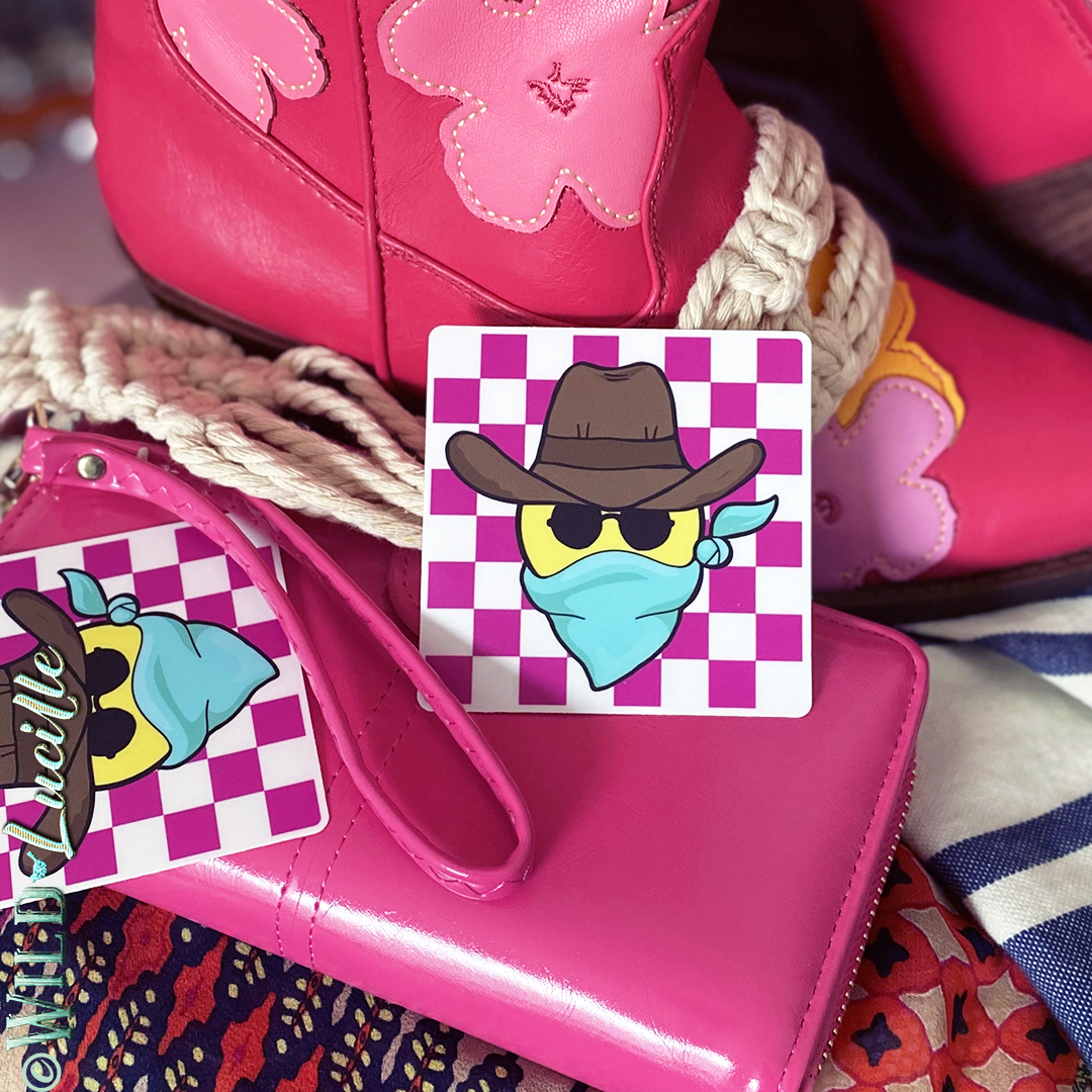 Pink Checkered Happy Face Cowboy - Western Vinyl Sticker Decals