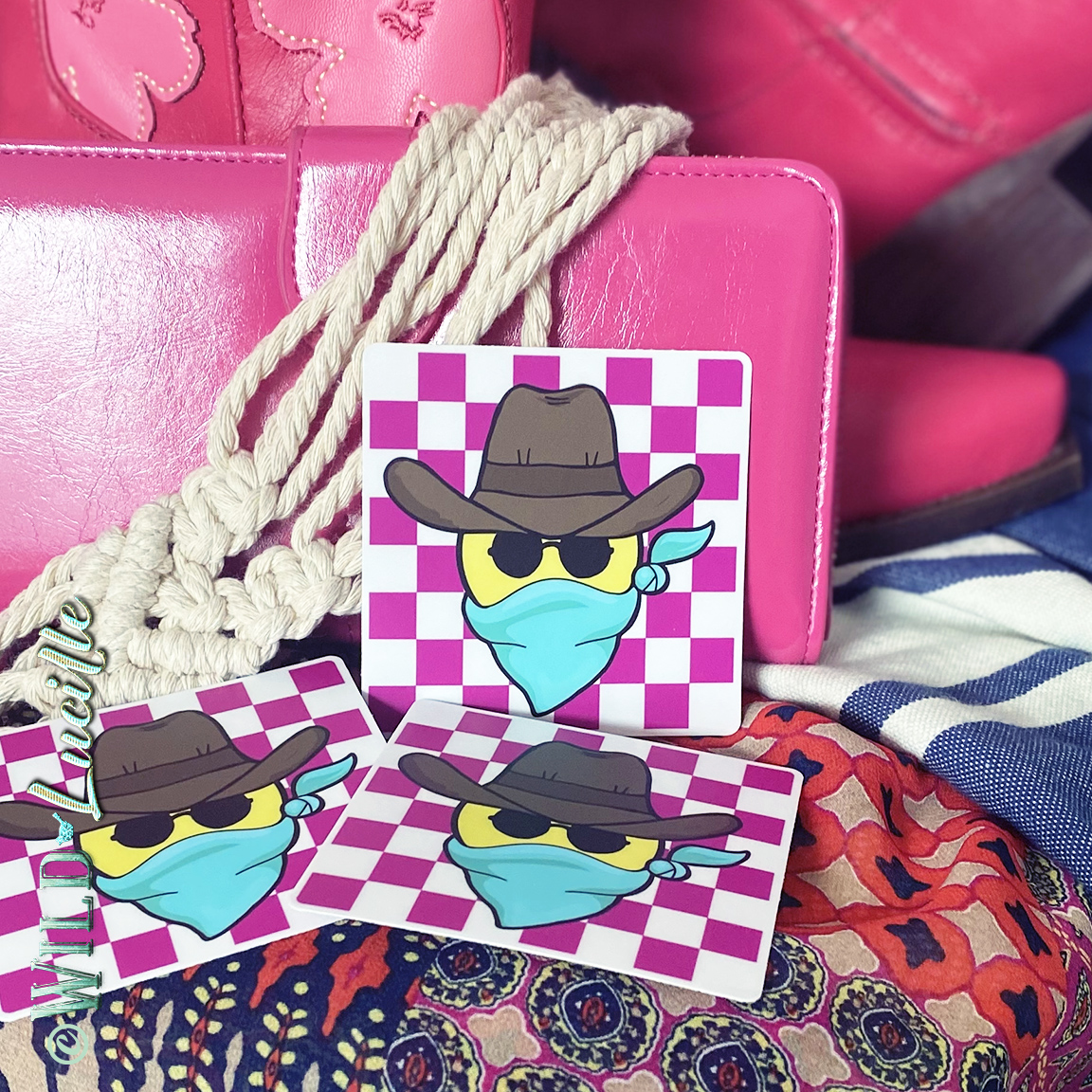 Pink Checkered Happy Face Cowboy - Western Vinyl Sticker Decals