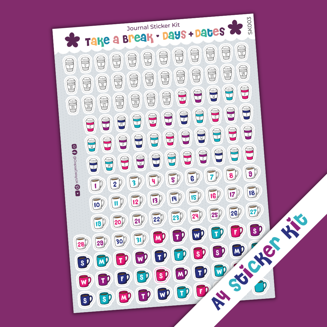 A4 Journal Sticker Kit - Coffee / Tea Days & Dates Journal Stickers ...