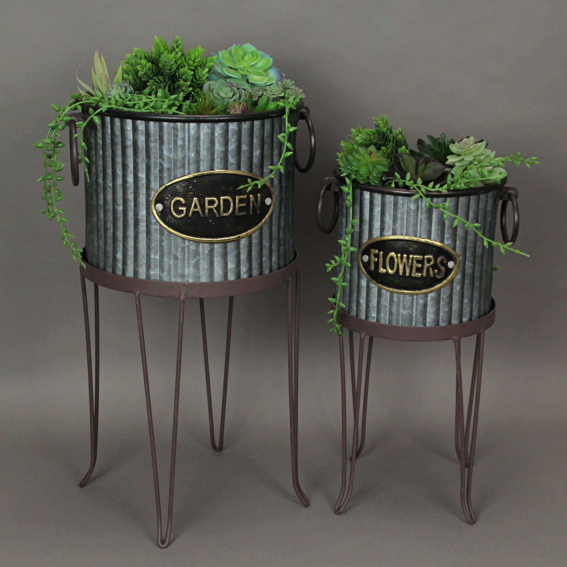 Set of 2 Corrugated Galvanized Metal Planters With Stands | CREOATE