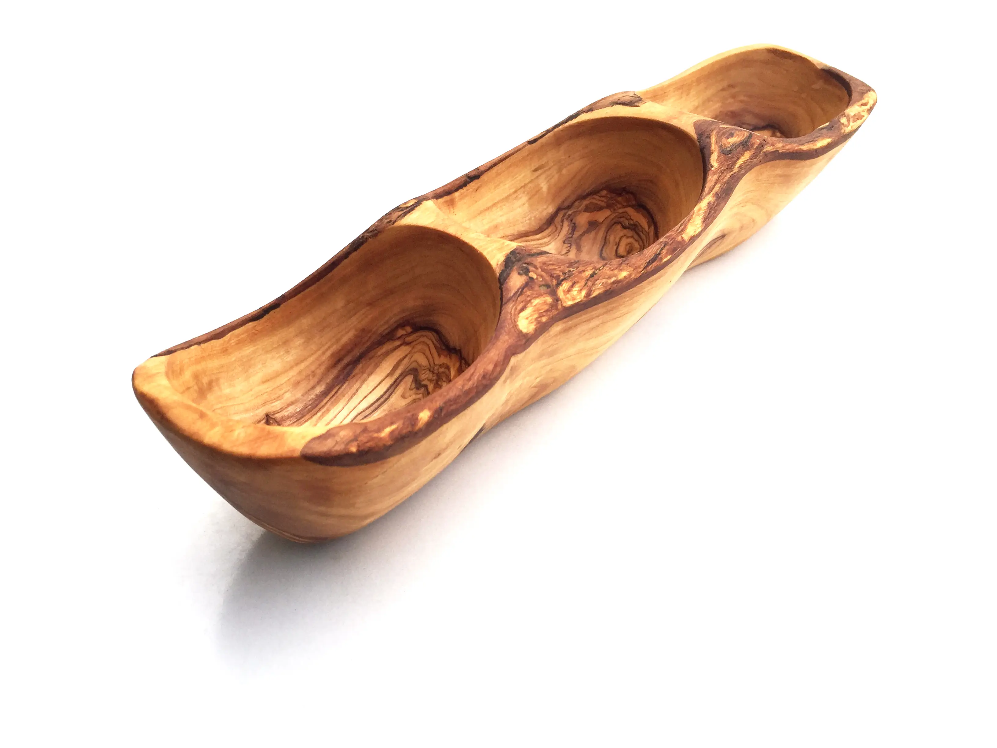 Rustic, elongated bowl with 3 compartments made of olive wood | CREOATE